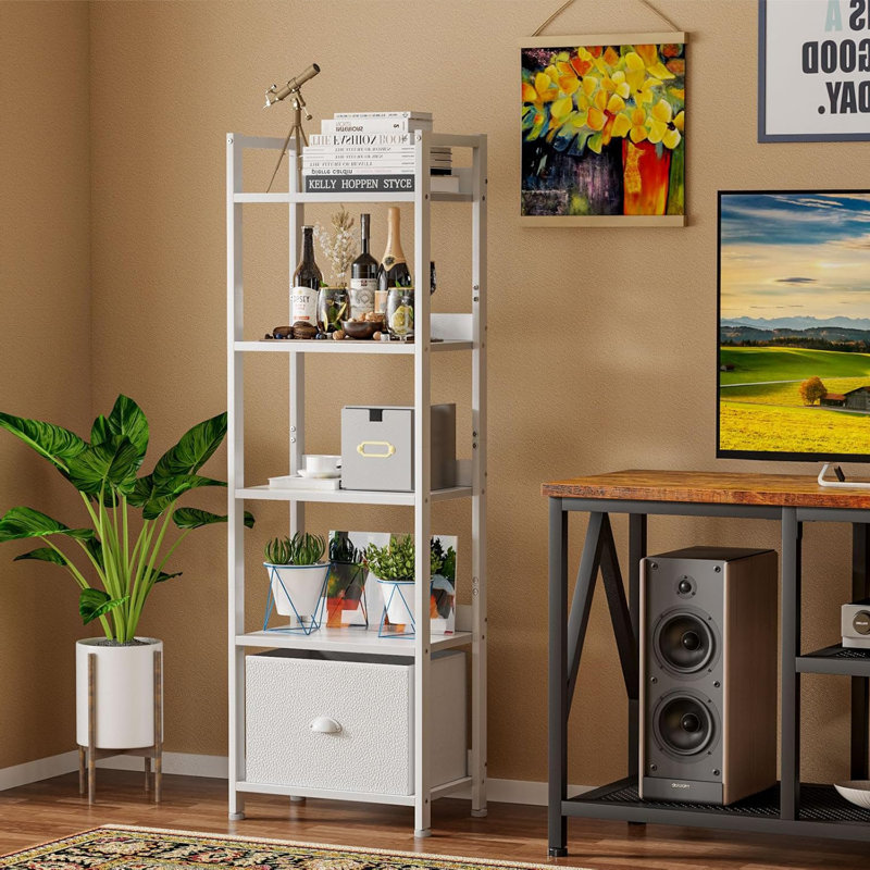 5 Tier Bookshelf with Drawer Tall Narrow Bookcase with Shelves Wood and Metal Book Shelf Storage Black